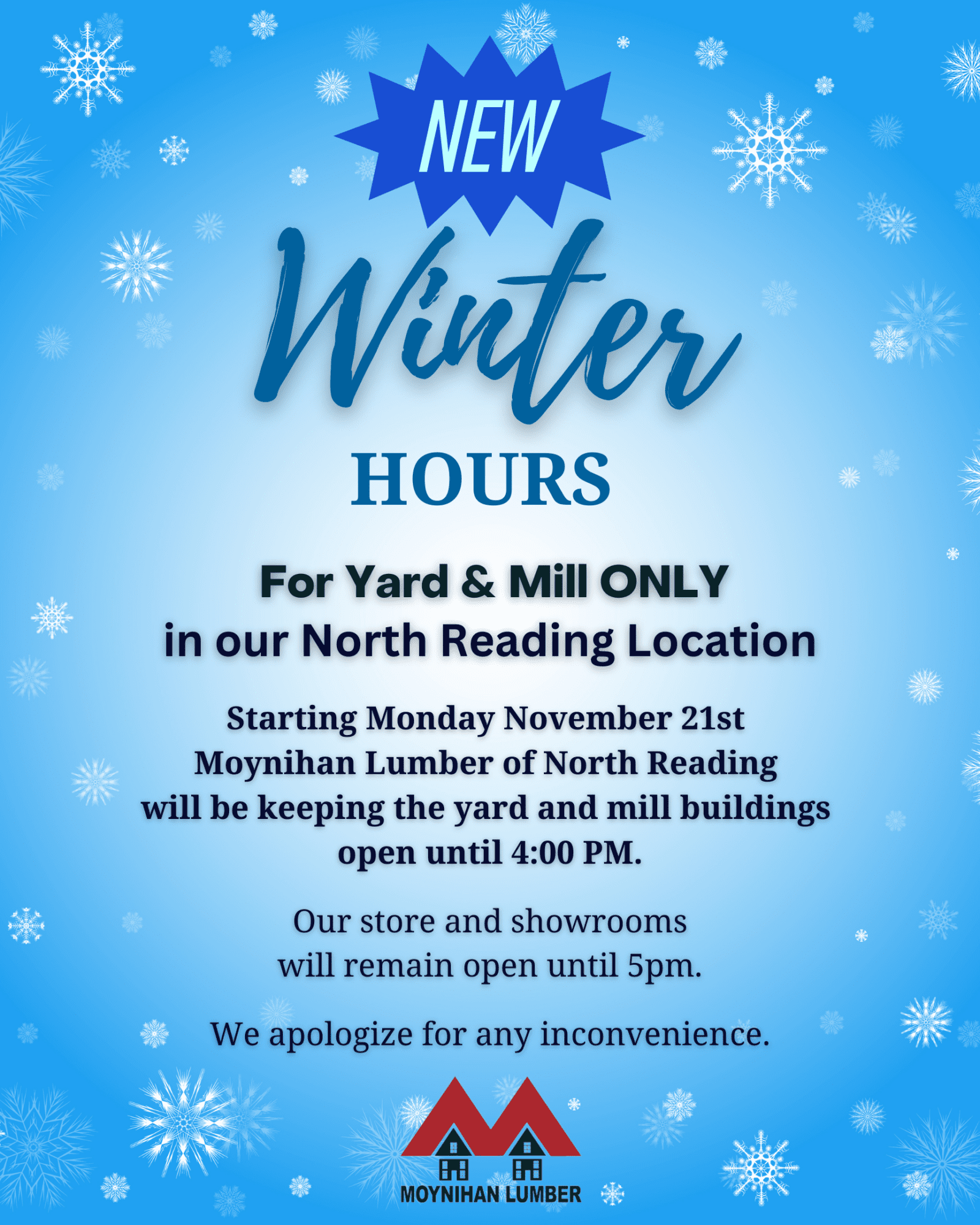 NEW Winter Hours in NR Yard & Mill - Moynihan Lumber